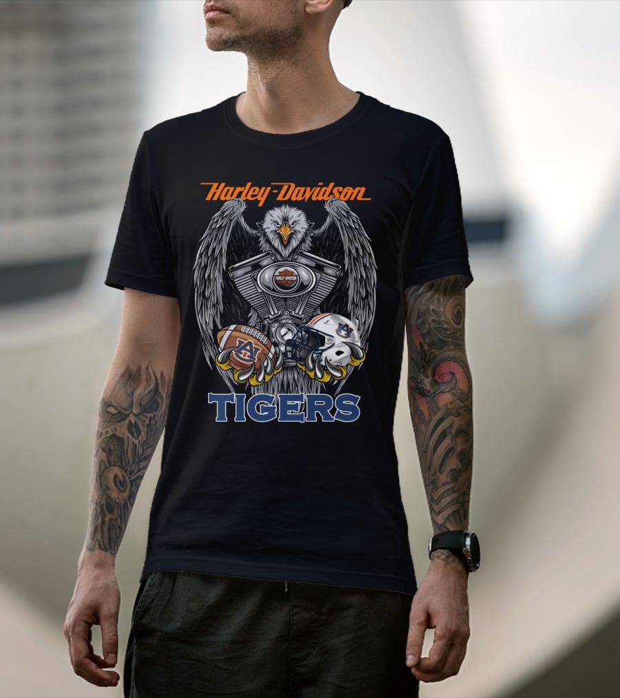Harley Davidson Auburn Tigers Football Ncaa Helmet And Eagle Engine T-Shirt