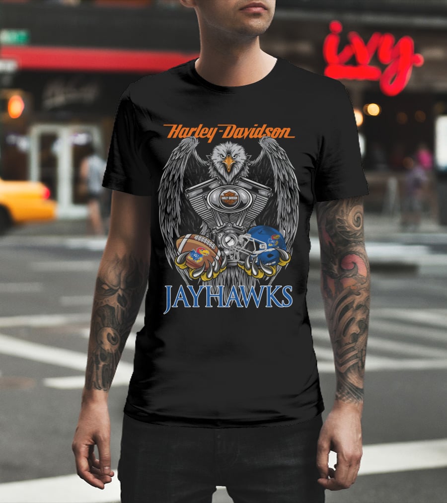 Harley Davidson Jayhawks Kansas Football Helmet And Ball T-Shirt