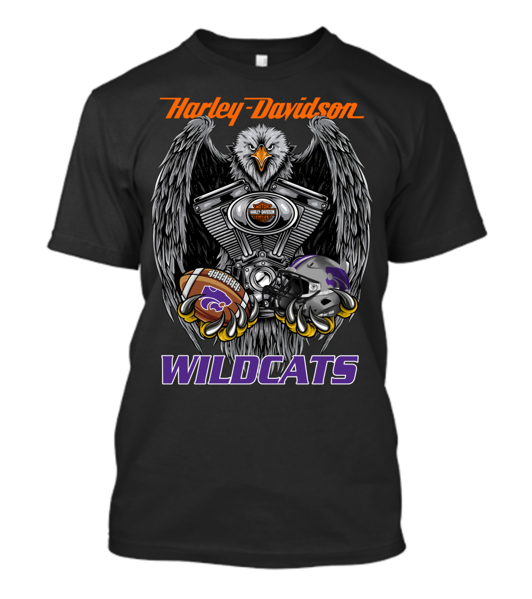 Harley Davidson Wildcats Ncaa Football Kansas State University Ksu Helmet And Engine T-Shirt
