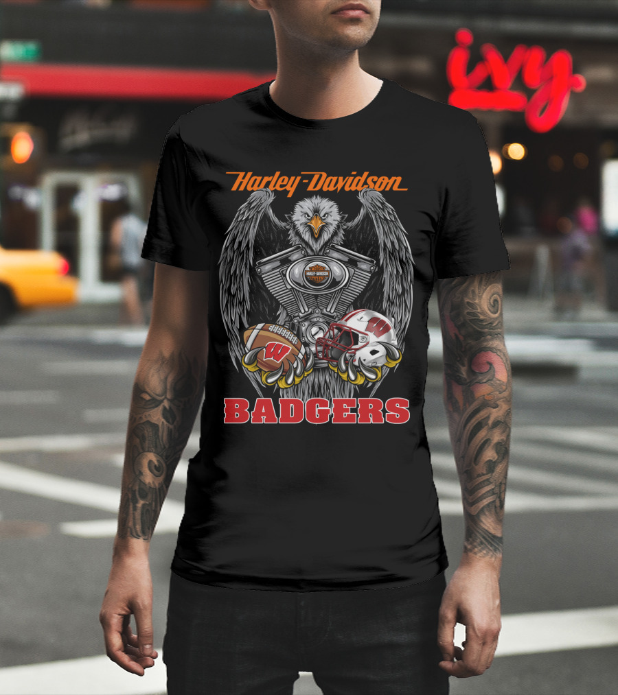 Harley Davidson Badgers Wisconsin Football Ncaa Eagle Engine T-Shirt