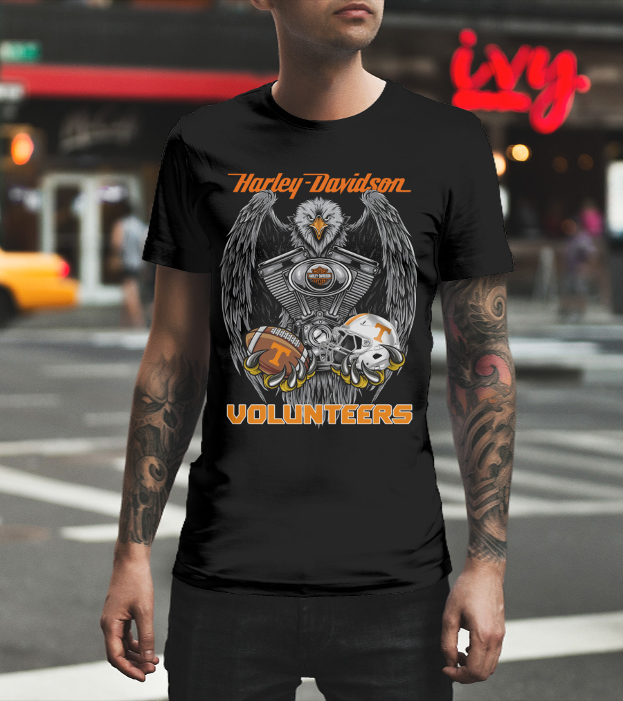 Harley Davidson Volunteers Ncaa Football Tennessee Helmet And Ball Eagle Engine T-Shirt