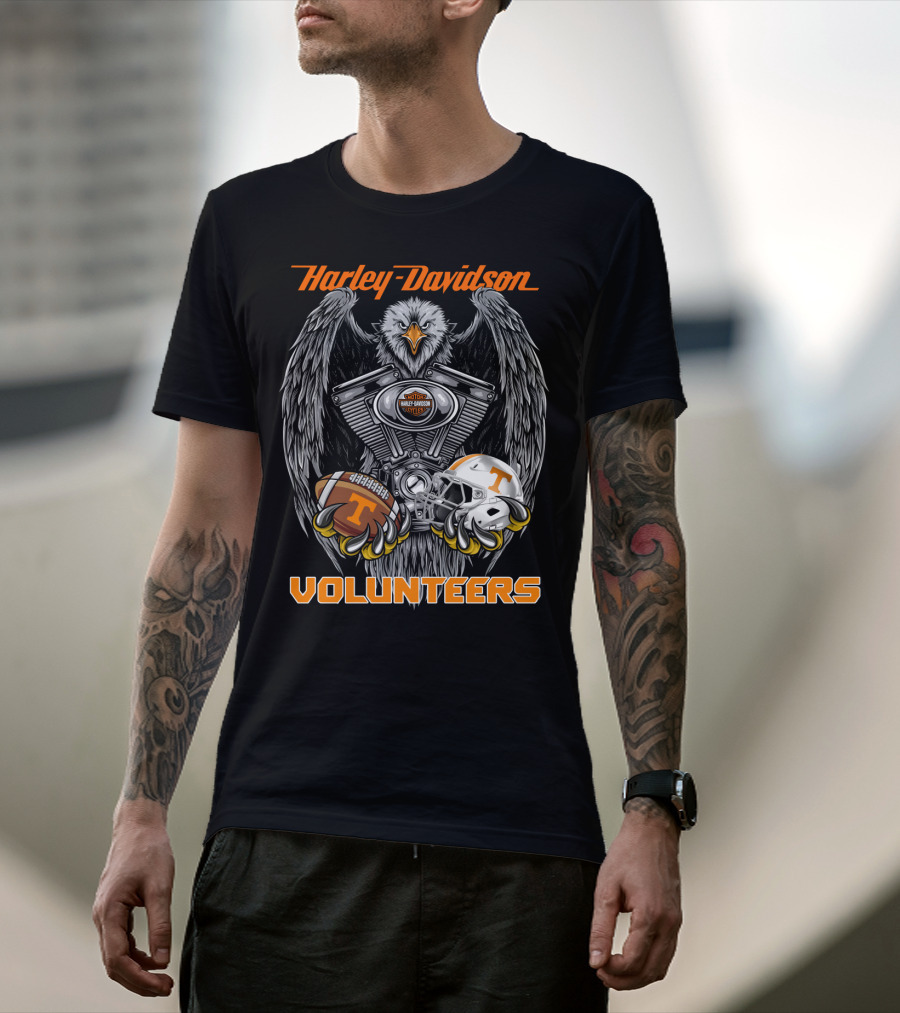 Harley Davidson Volunteers Ncaa Football Tennessee Helmet And Ball Eagle Engine T-Shirt