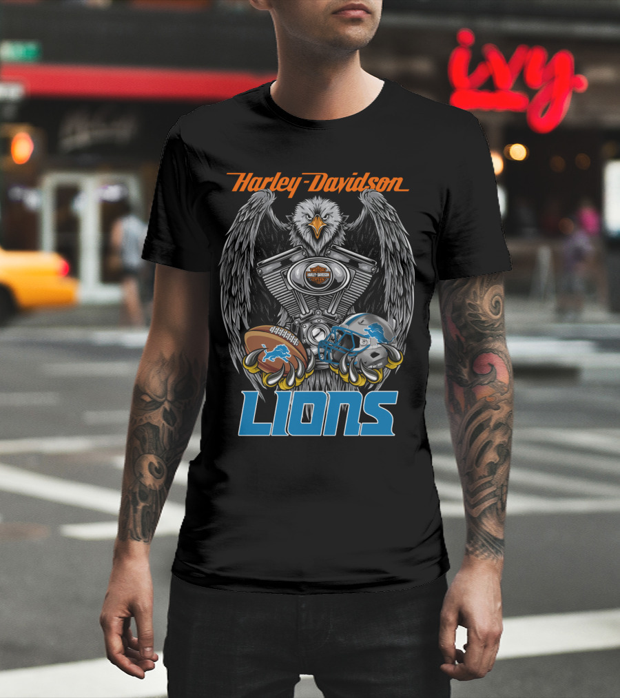 Harley Davidson Detroit Lions Eagle Football Engine T-Shirt