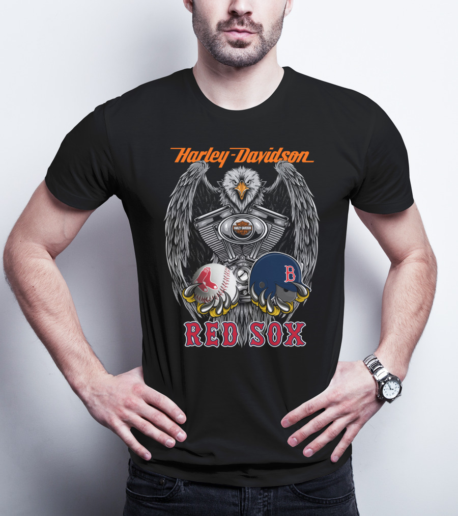 Harley Davidson Red Sox Baseball Eagle Engine T-Shirt