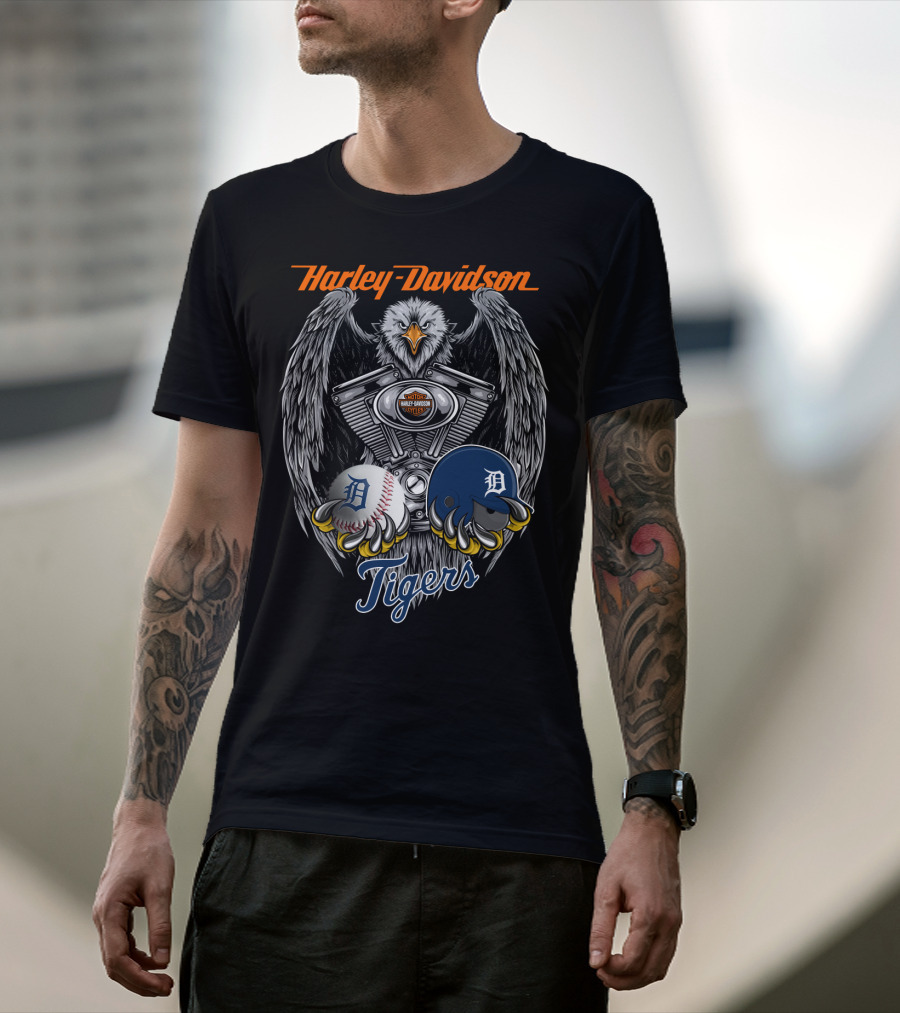Harley Davidson Tigers Baseball Detroit Eagle Engine T-Shirt