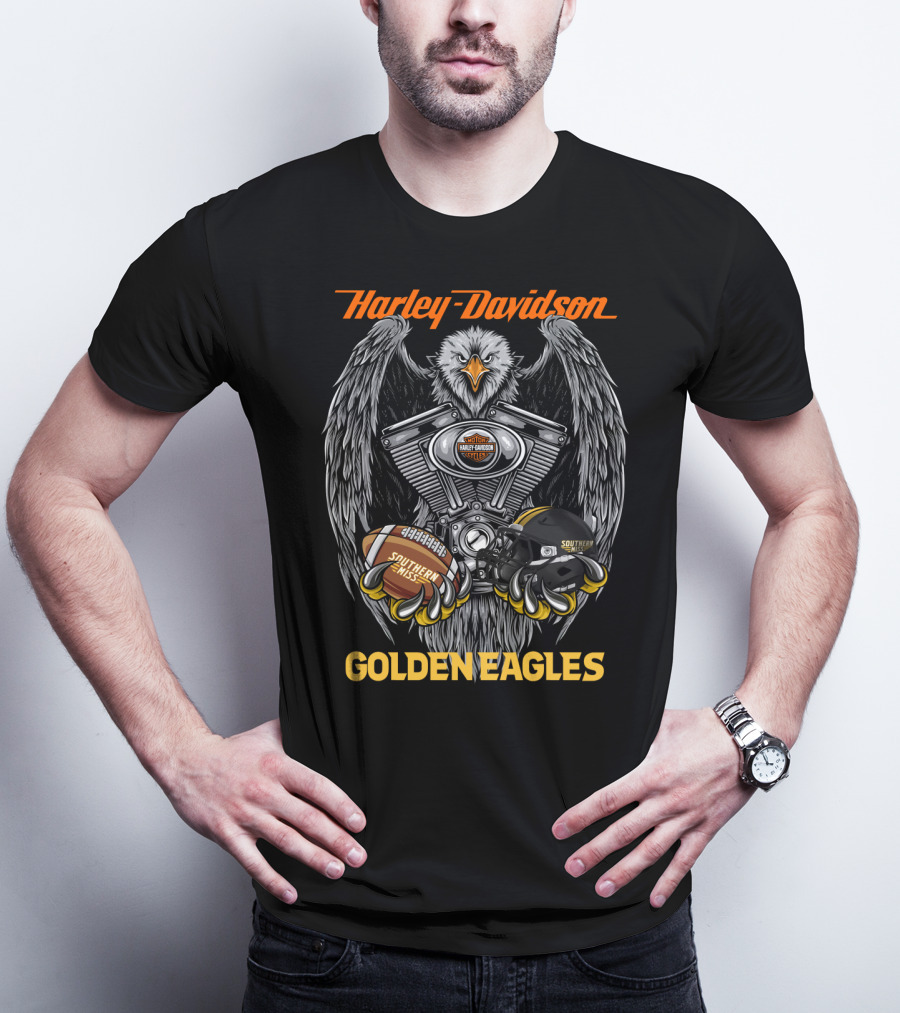Harley Davidson Southern Miss Golden Eagles Ncaa Football Helmet And Engine T-Shirt