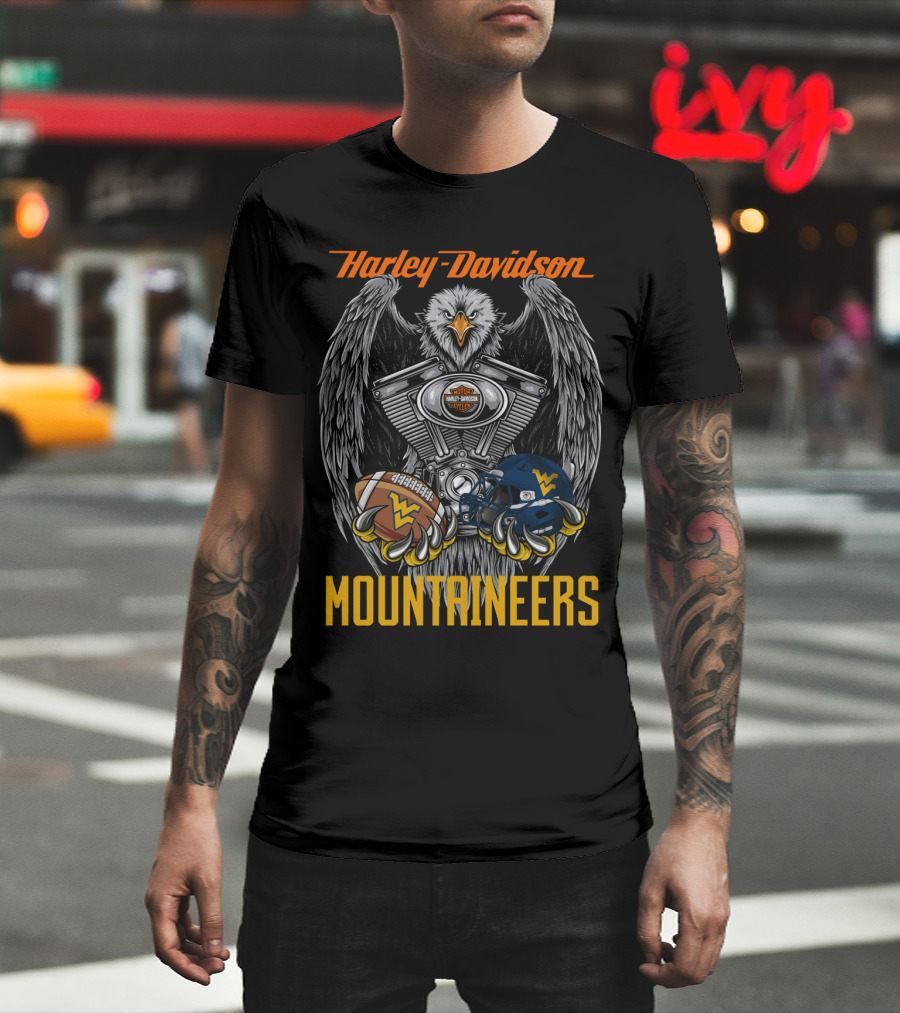 Harley Davidson Mountaineers Wv Football Helmet And Engine Eagle T-Shirt