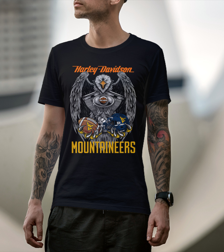 Harley Davidson Mountaineers Wv Football Helmet And Engine Eagle T-Shirt