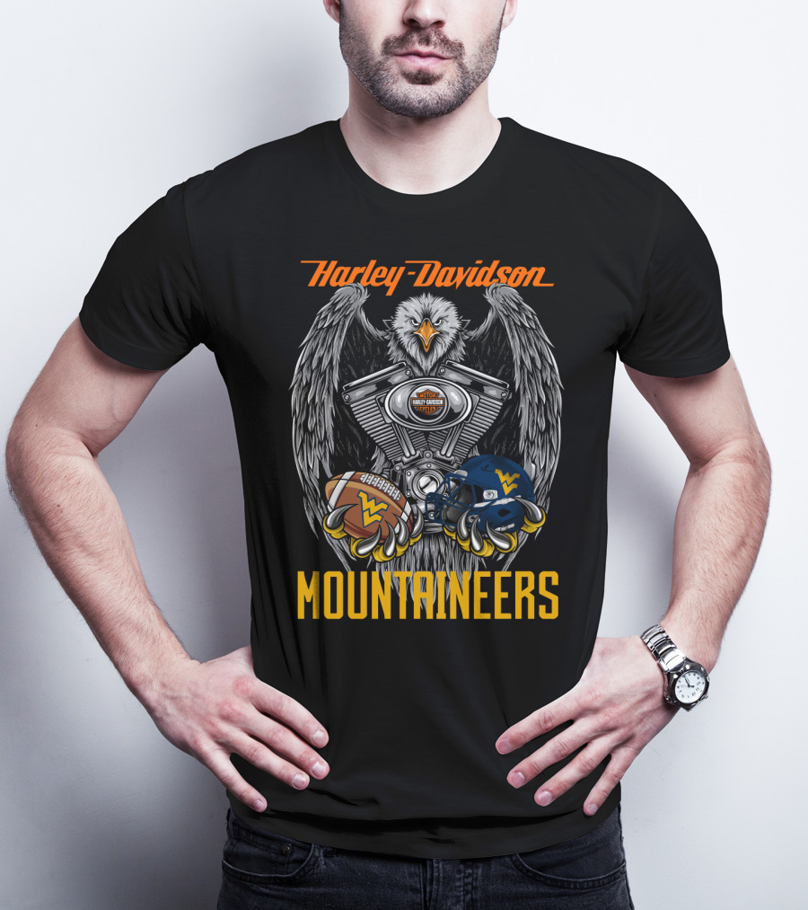 Harley Davidson Mountaineers Wv Football Helmet And Engine Eagle T-Shirt