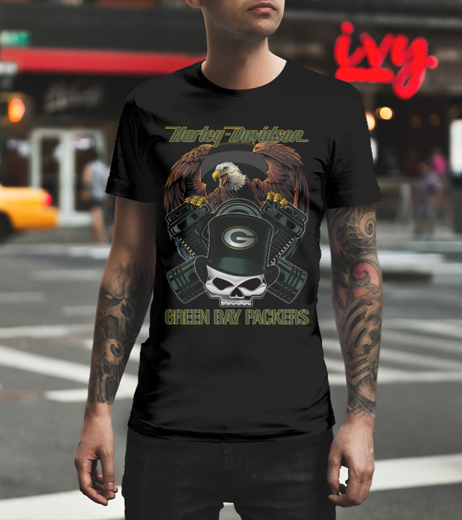 Harley Davidson Green Bay Packers Eagle Skull Motorcycle Art T-Shirt