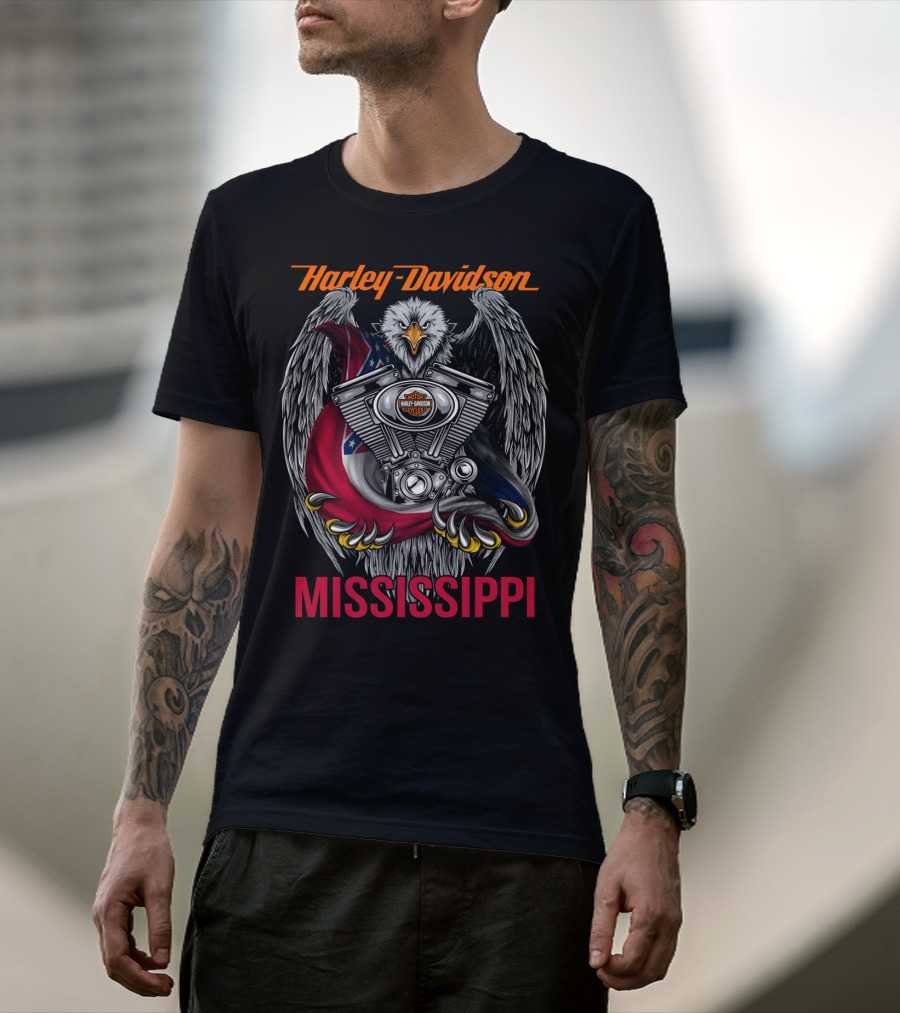 Harley Davidson Mississippi Eagle With Engine And Flag Symbol T-Shirt
