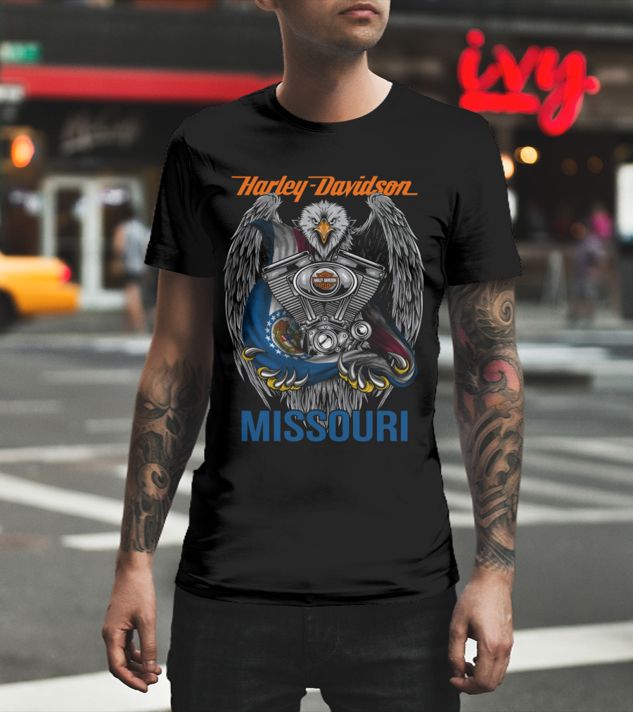 Harley Davidson Missouri Eagle Emblem With Engine And Flag Motif T-Shirt