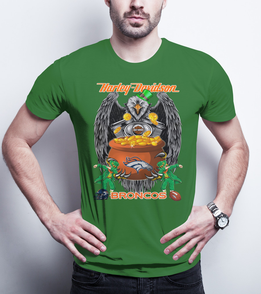 Harley Davidson Denver Broncos Nfl Leprechaun Eagle Pot Of Gold T-Shirt