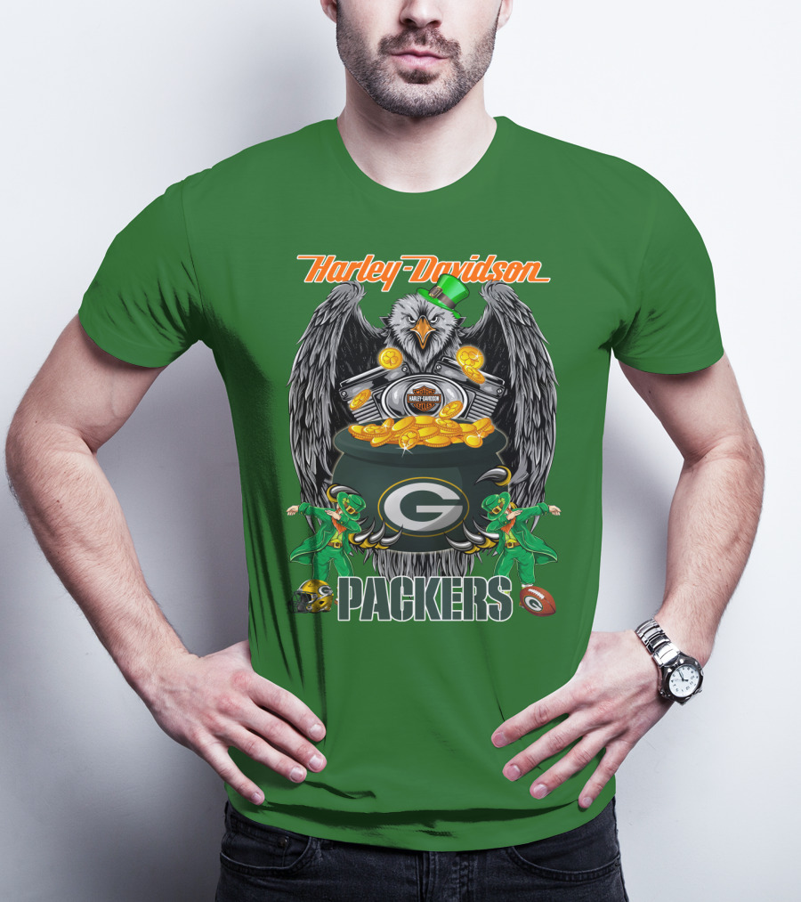 Harley Davidson Packers Nfl Green Bay Eagles And Leprechauns With Coins T-Shirt
