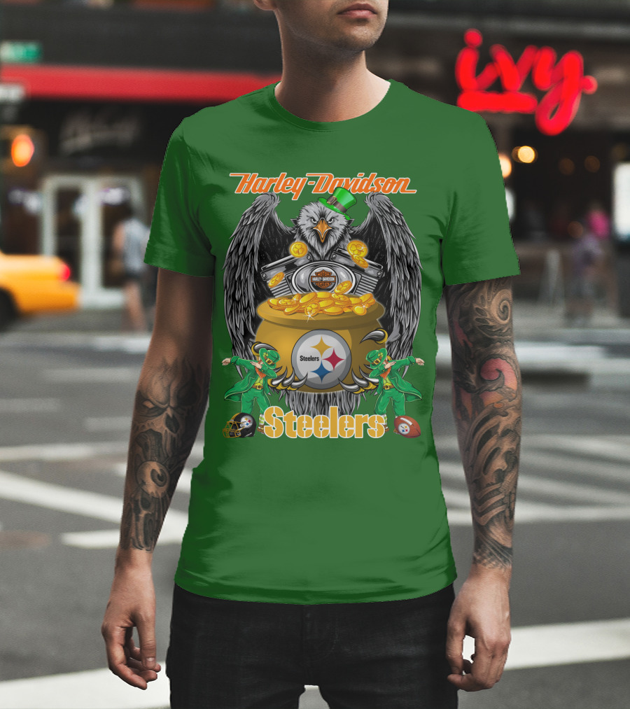 Harley Davidson Steelers Eagle Leprechaun Gold Nfl Pittsburgh T-Shirt