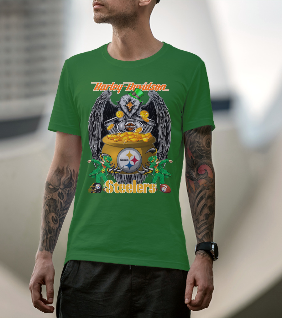 Harley Davidson Steelers Eagle Leprechaun Gold Nfl Pittsburgh T-Shirt