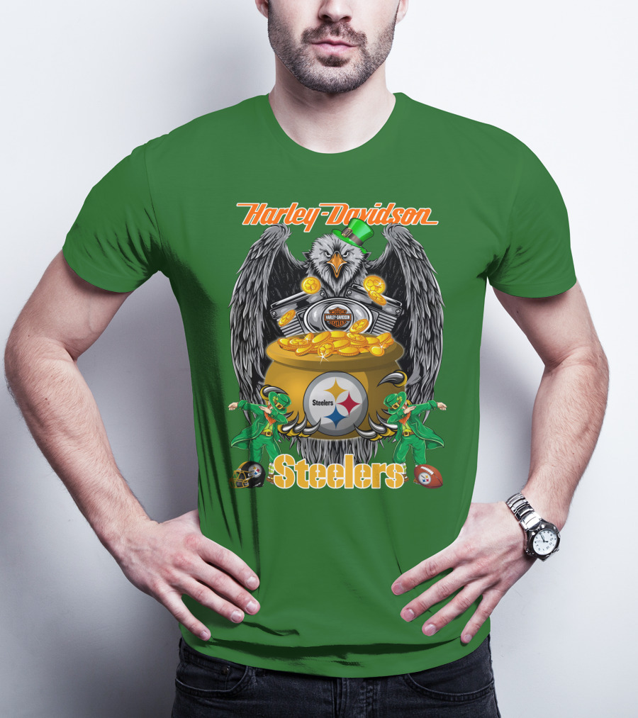 Harley Davidson Steelers Eagle Leprechaun Gold Nfl Pittsburgh T-Shirt