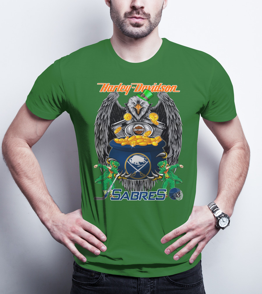 Harley Davidson Sabres Nhl Buffalo St. Patrick's Day Eagle And Pot Of Gold T-Shirt
