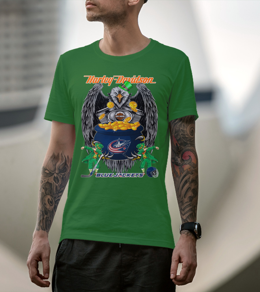 Harley Davidson Columbus Blue Jackets Nhl Eagle Leprechaun Gold Coins Green Hat T-Shirt