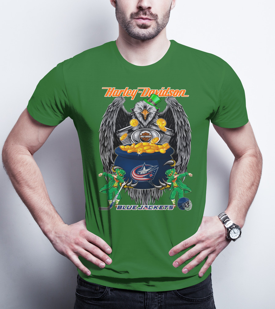 Harley Davidson Columbus Blue Jackets Nhl Eagle Leprechaun Gold Coins Green Hat T-Shirt