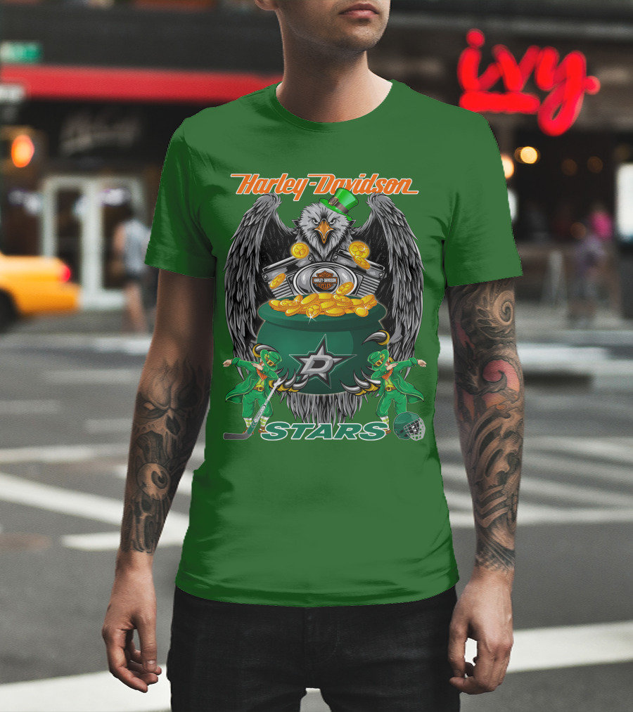 Harley Davidson Dallas Stars Nhl Eagle With Leprechauns And Hockey Gear T-Shirt