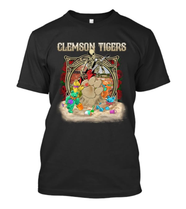 Clemson Tigers Grateful Dead Skeleton Bears Sandcastle Roses T-Shirt