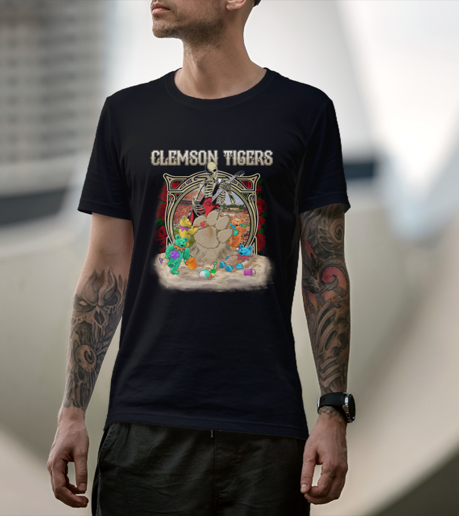 Clemson Tigers Grateful Dead Skeleton Bears Sandcastle Roses T-Shirt