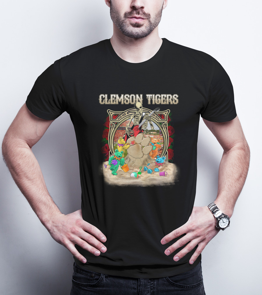 Clemson Tigers Grateful Dead Skeleton Bears Sandcastle Roses T-Shirt