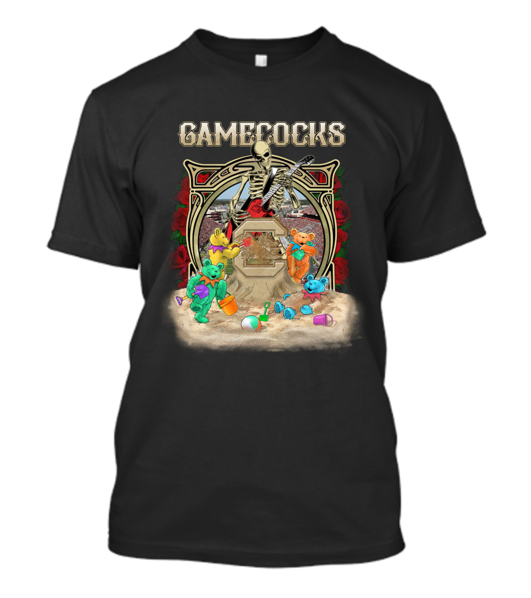 Gamecocks Skeleton With Colorful Bears Playing On Beach T-Shirt