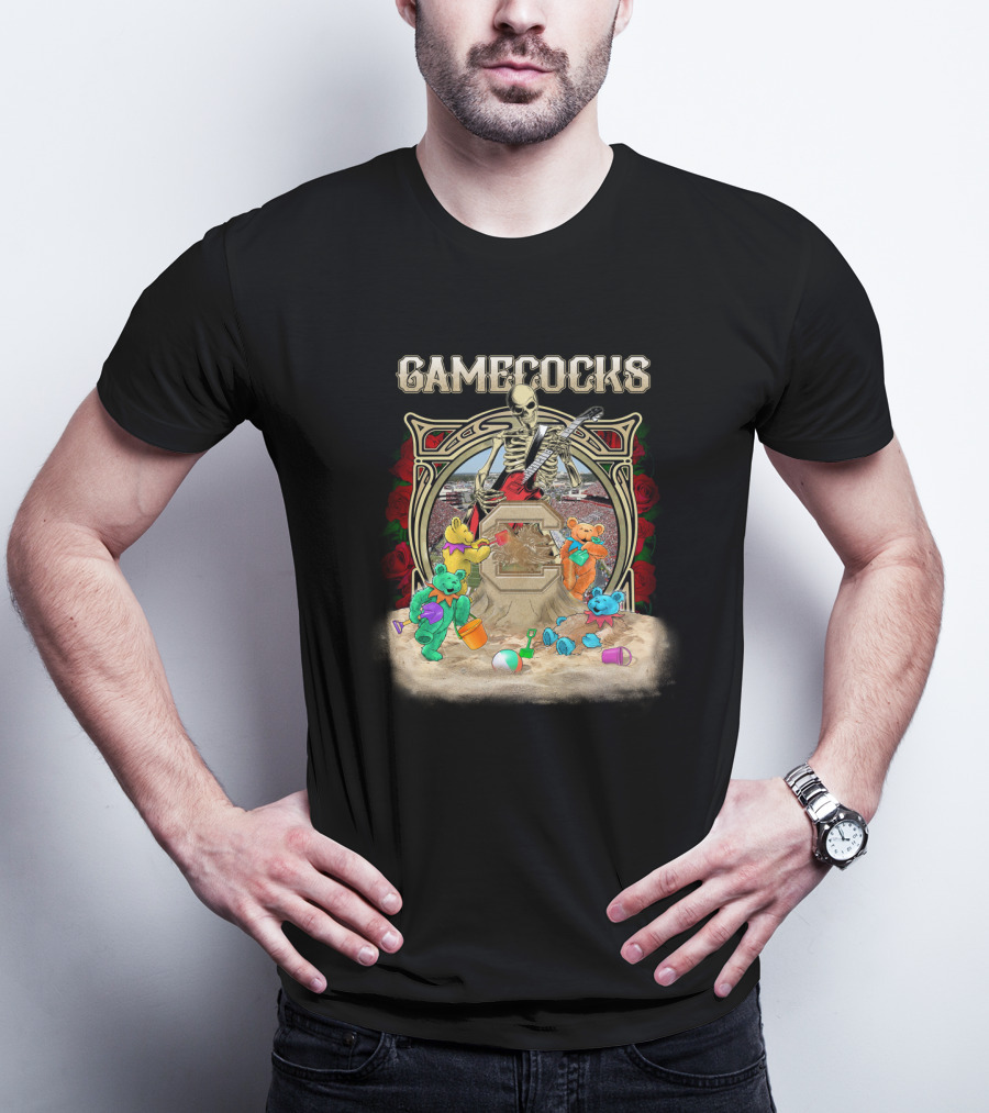 Gamecocks Skeleton With Colorful Bears Playing On Beach T-Shirt