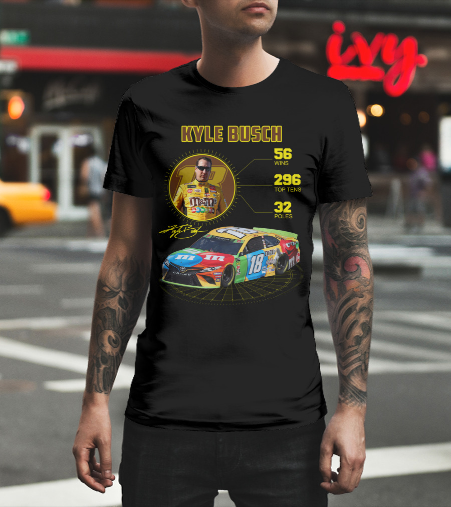 Kyle Busch M&M's 18 Toyota 56 Wins 296 Top Tens 32 Poles T-Shirt