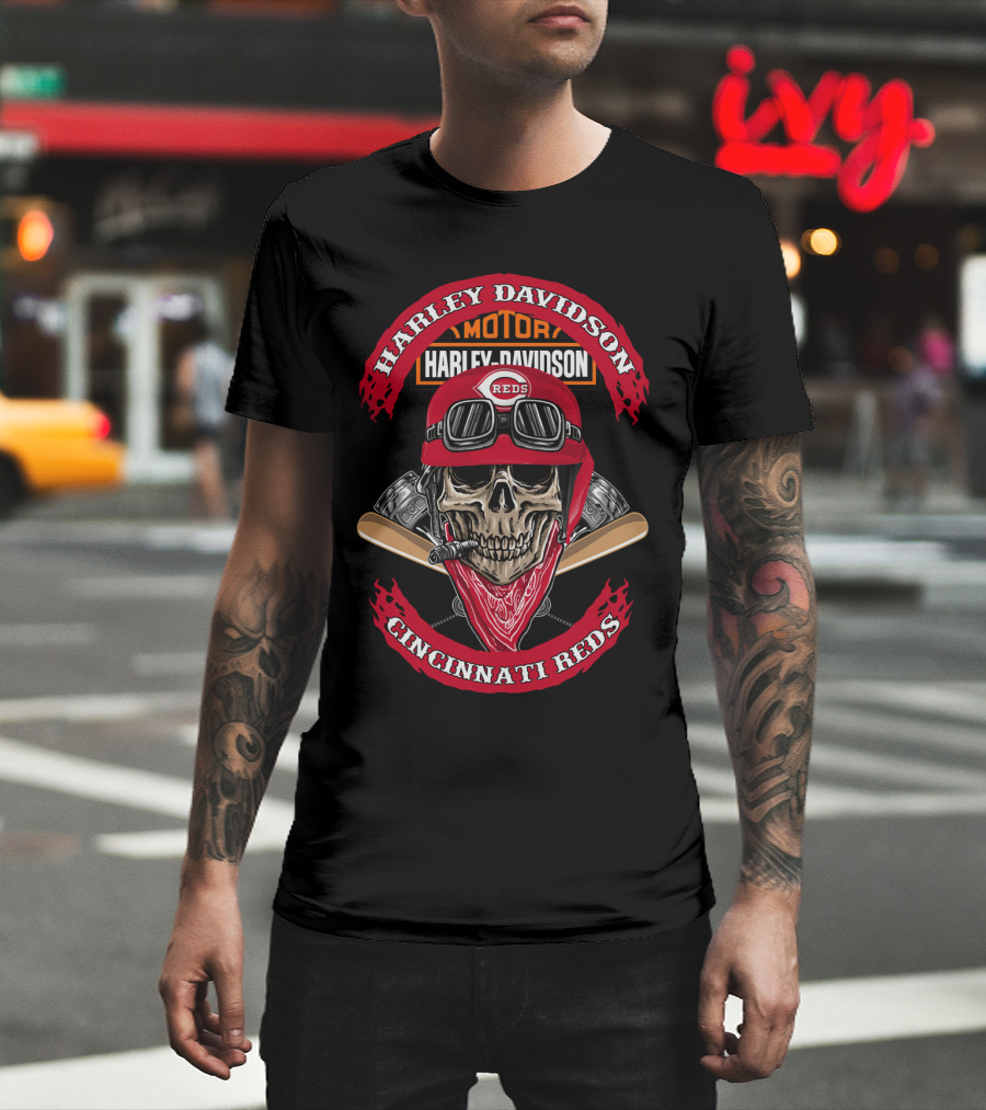 Harley Davidson Cincinnati Reds Skull Helmet Motor T-Shirt