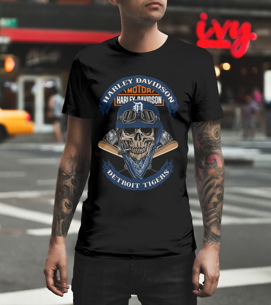 Harley Davidson Motor Detroit Tigers Skull Helmet T-Shirt