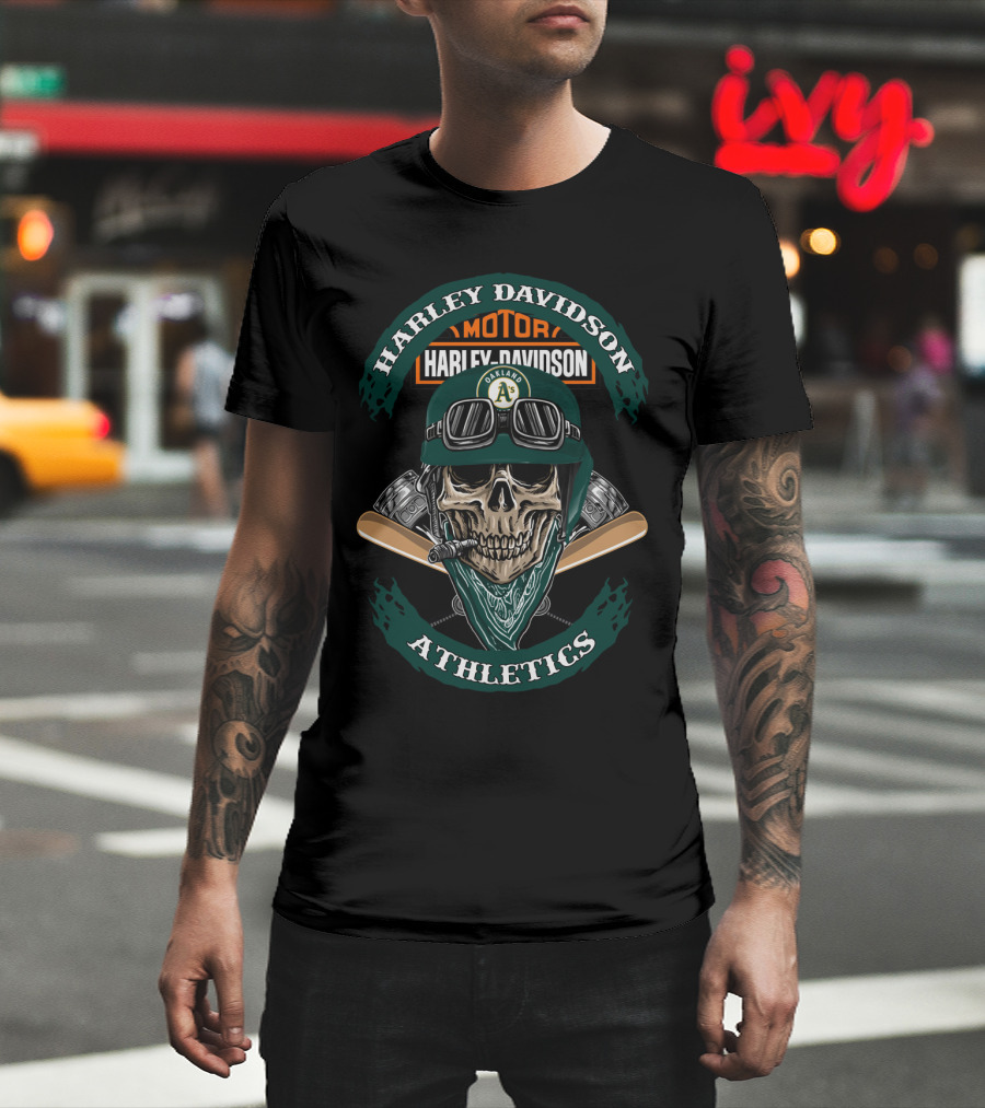 Harley Davidson Oakland Athletics Skull And Engine Motif T-Shirt