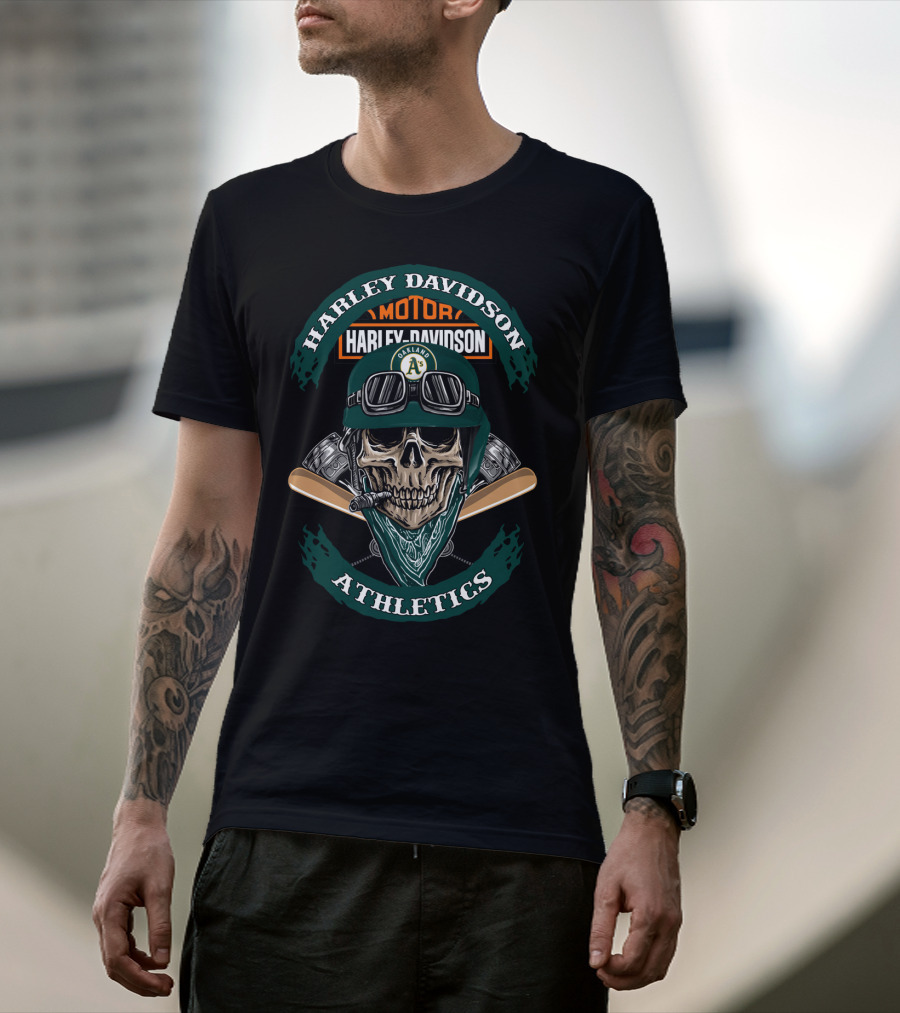 Harley Davidson Oakland Athletics Skull And Engine Motif T-Shirt