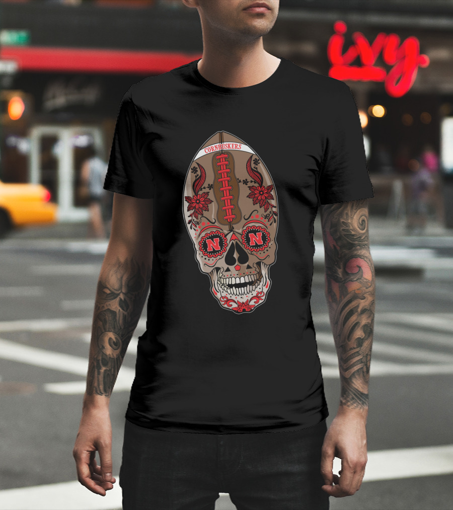 Cornhuskers Skull Football Floral N N T-Shirt