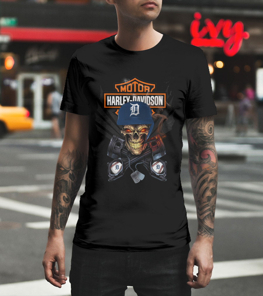 Harley Davidson Motor Detroit Tigers Baseball Skull T-Shirt