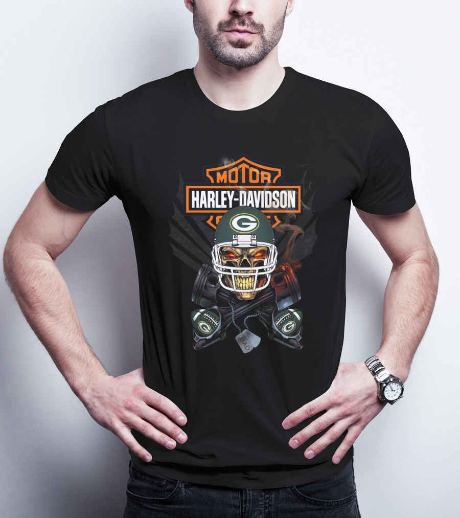 Harley Davidson Motor Green Bay Packers Skull Helmet T-Shirt