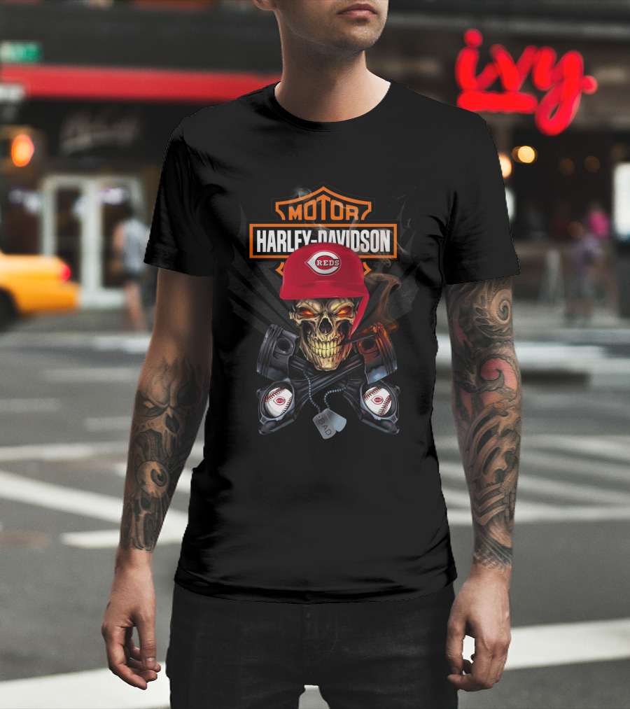 Harley Davidson Reds Skull With Piston Baseballs T-Shirt