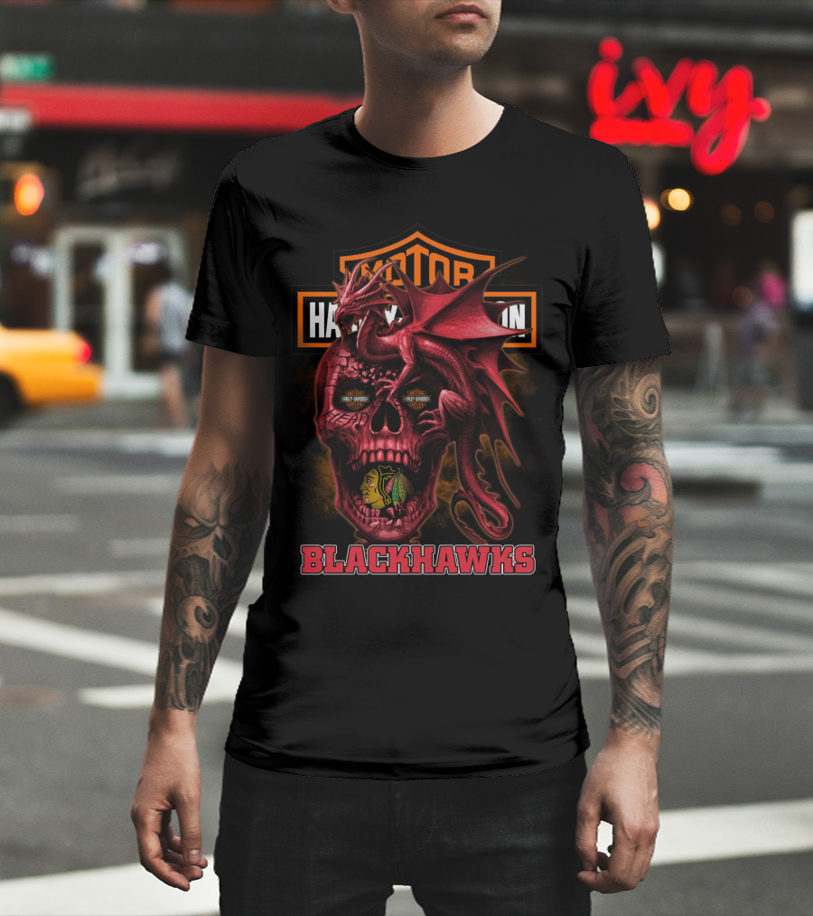 Chicago Blackhawks Red Dragon Skull With Harley Davidson Styles T-Shirt