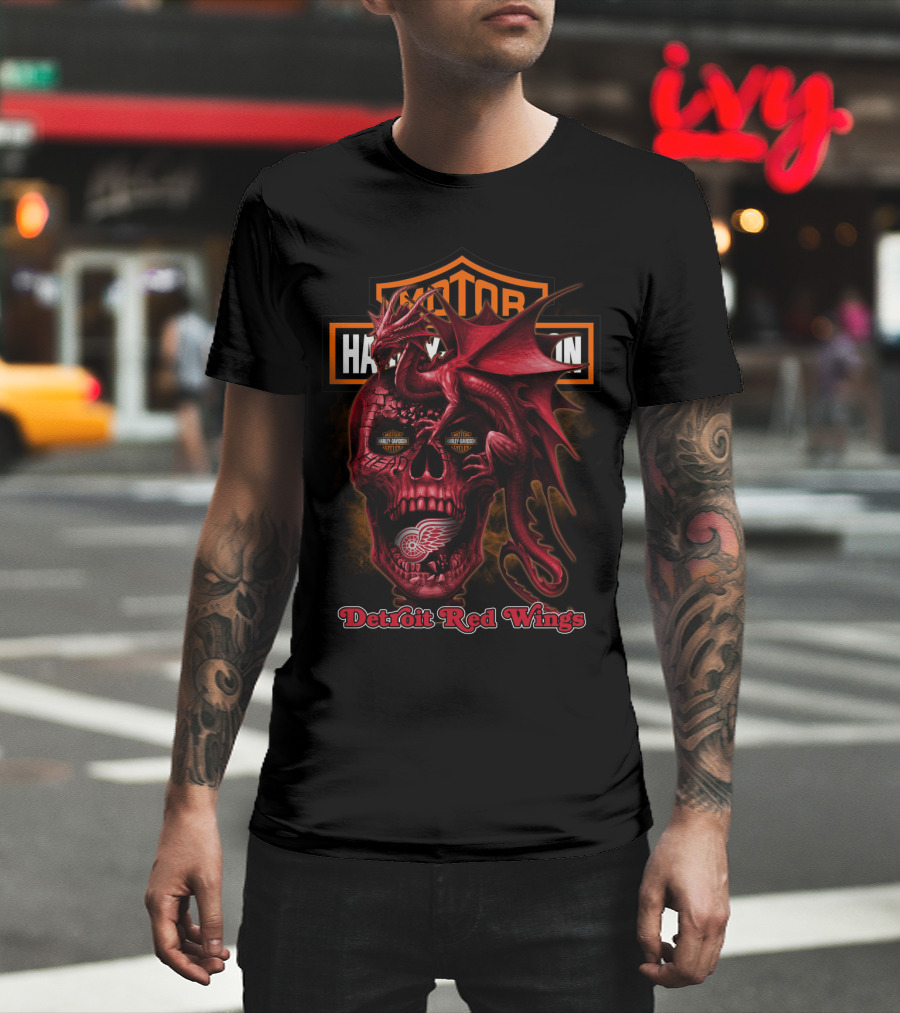 Detroit Red Wings Harley Davidson Skull Dragon T-Shirt