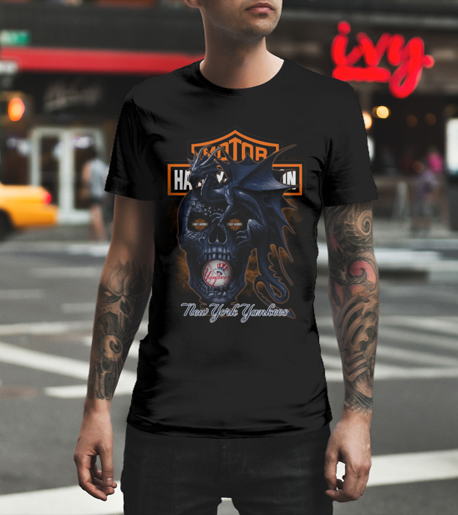 Motor Harley Davidson Cycles New York Yankees Dragon Skull T-Shirt