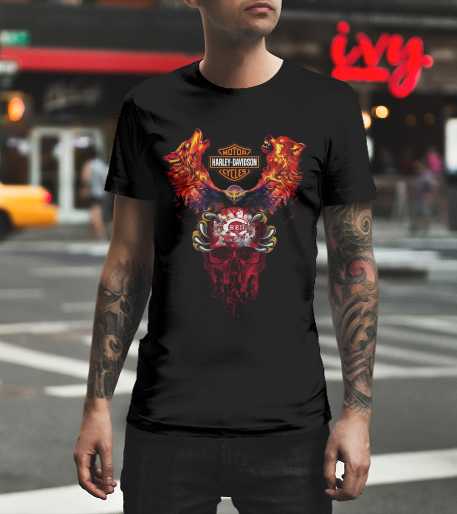 Harley Davidson Motorcycles Mlb Cincinnati Reds Wolf Skull T-Shirt