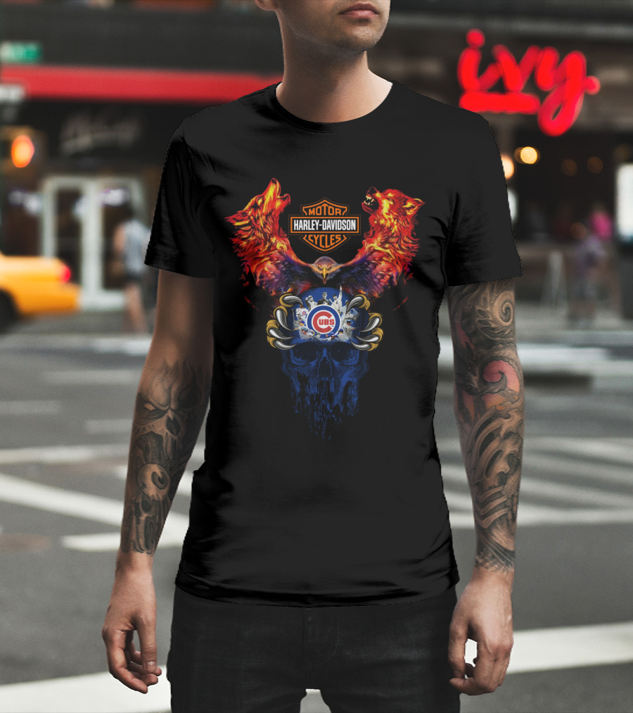 Harley Davidson Motorcycles Cubs Skull Wolf 121 Mlb T-Shirt