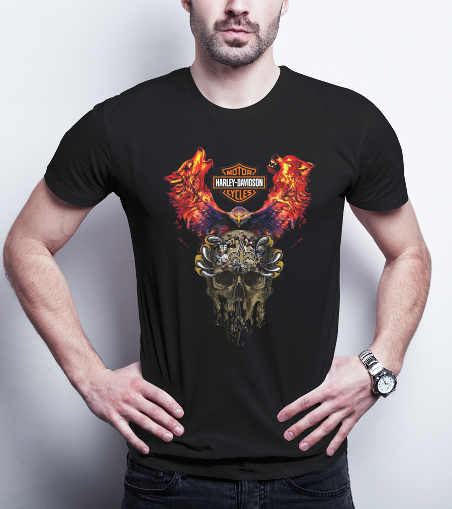 Harley Davidson Cycles With Wolves And New Orleans Saints Skull T-Shirt