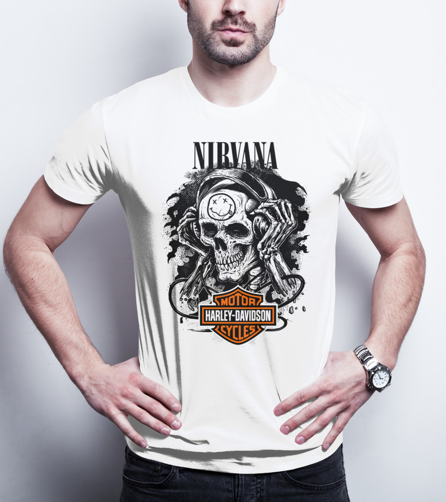 Nirvana Harley Davidson Skull With Headphones T-Shirt