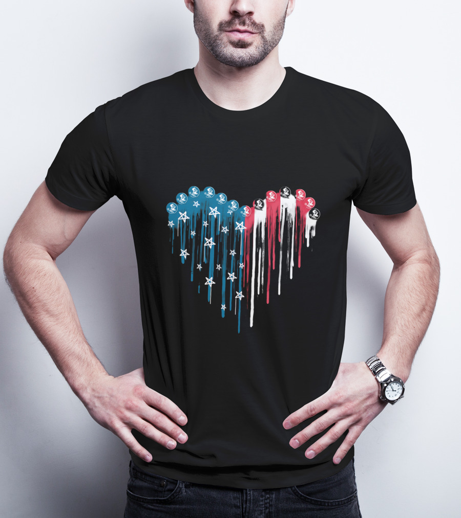 Red White And Blue Heart With Stars And Florida State Seminoles Logos T-Shirt