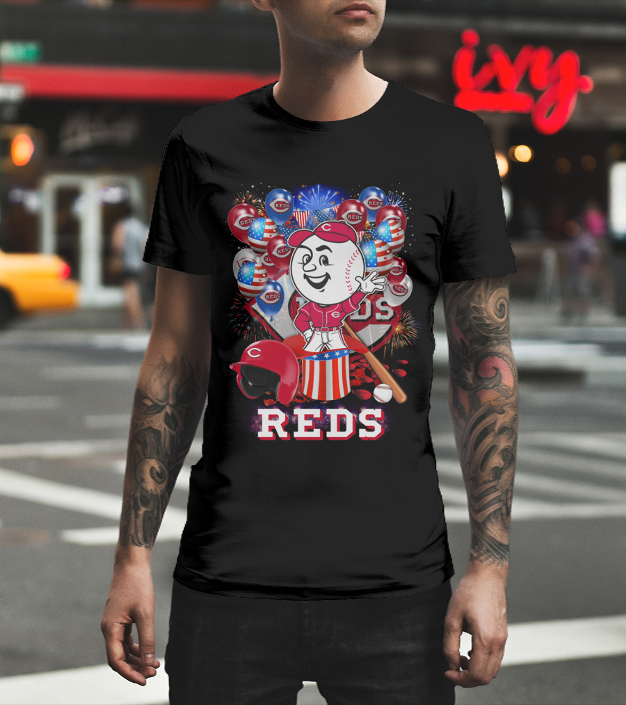 Mlb Cincinnati Reds Baseball Mascot Celebration With Fireworks And Patriotic Details T-Shirt