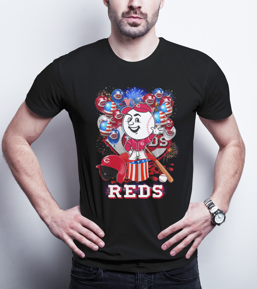 Mlb Cincinnati Reds Baseball Mascot Celebration With Fireworks And Patriotic Details T-Shirt
