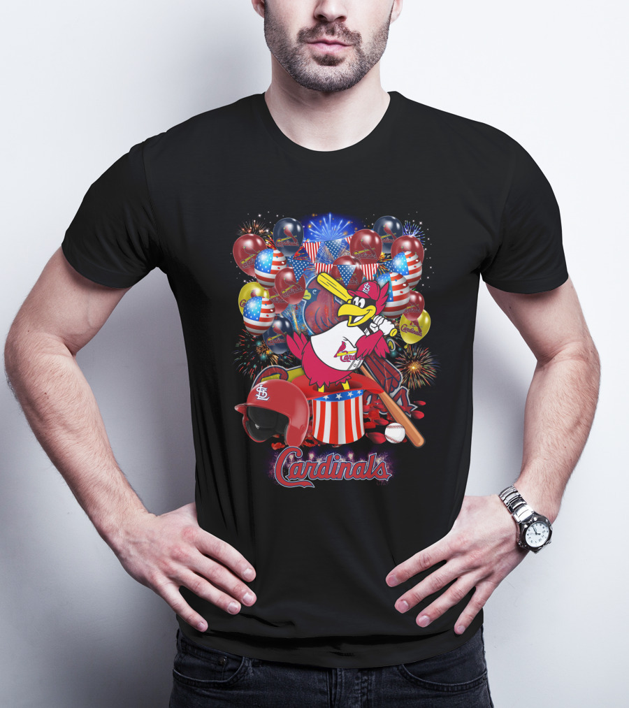 St Louis Cardinals Patriotic Fireworks And Balloons T-Shirt